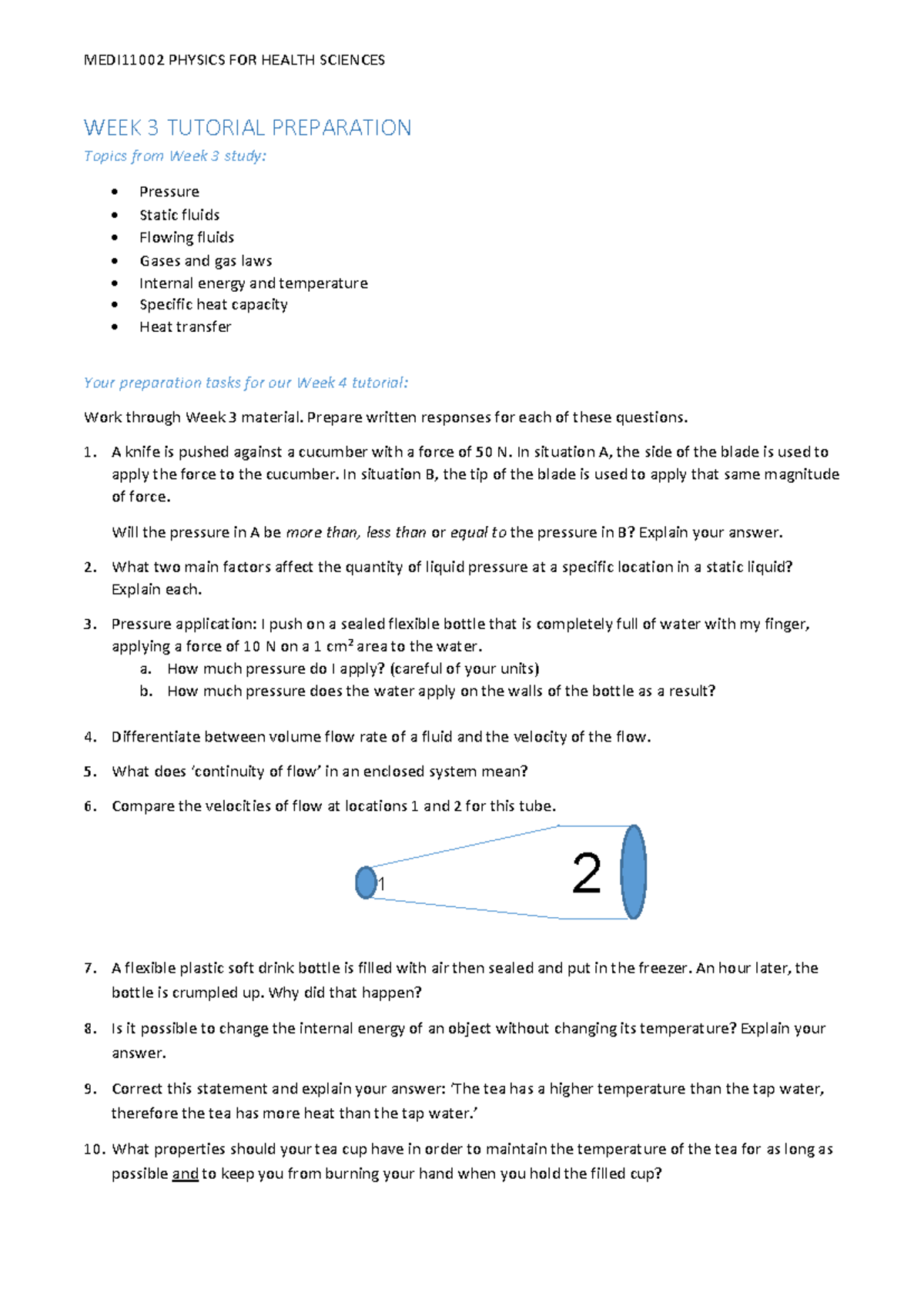 WEEK 3 Tutorial Questions - MEDI11002 PHYSICS FOR HEALTH SCIENCES WEEK ...
