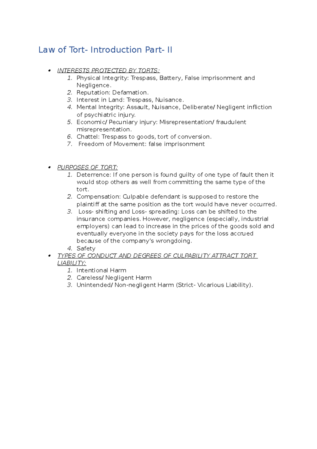 Self Notes- Introduction to Tort Part-II - Law of Tort- Introduction ...