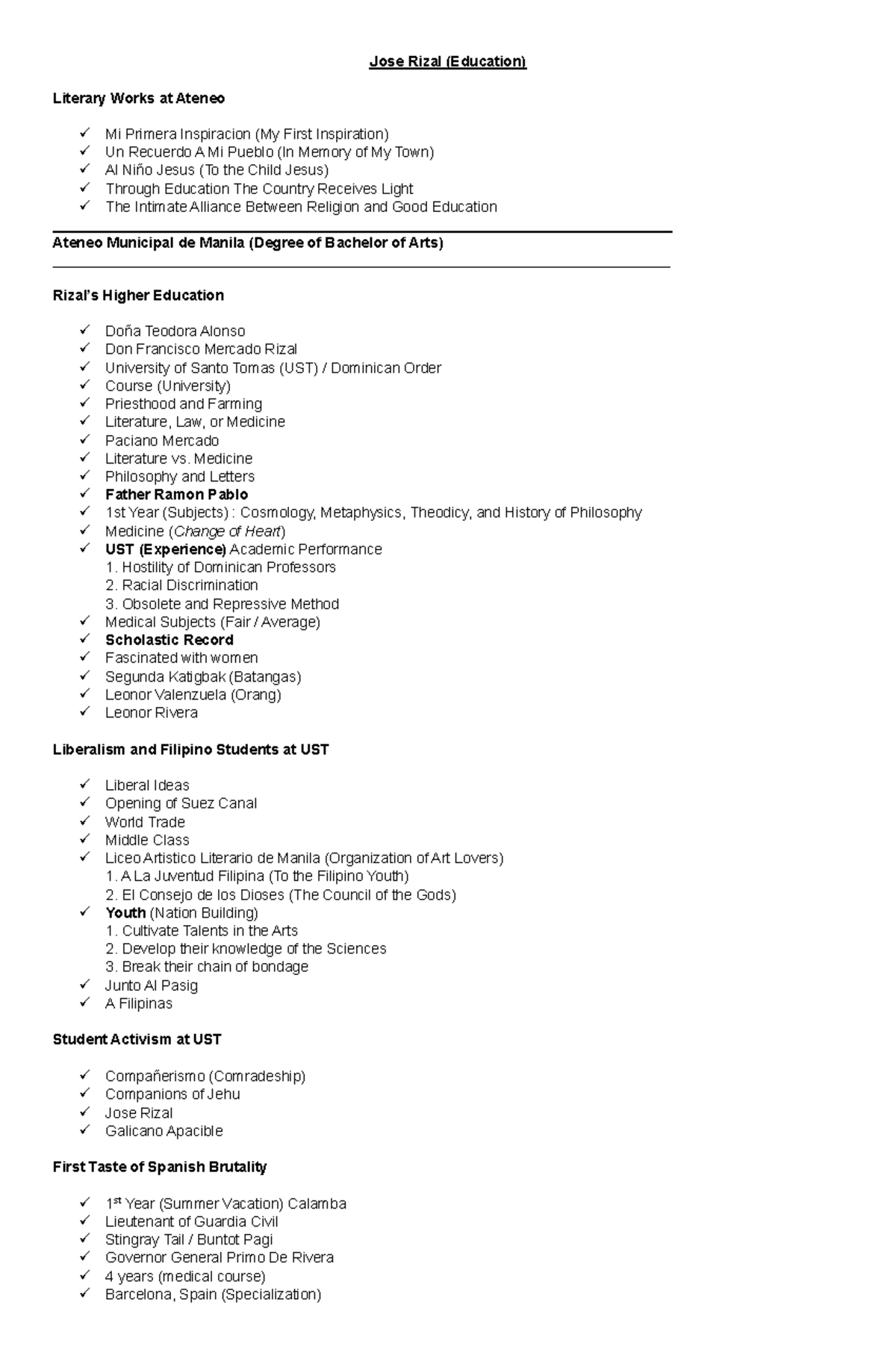 UST - notes - Jose Rizal (Education) Literary Works at Ateneo Mi ...