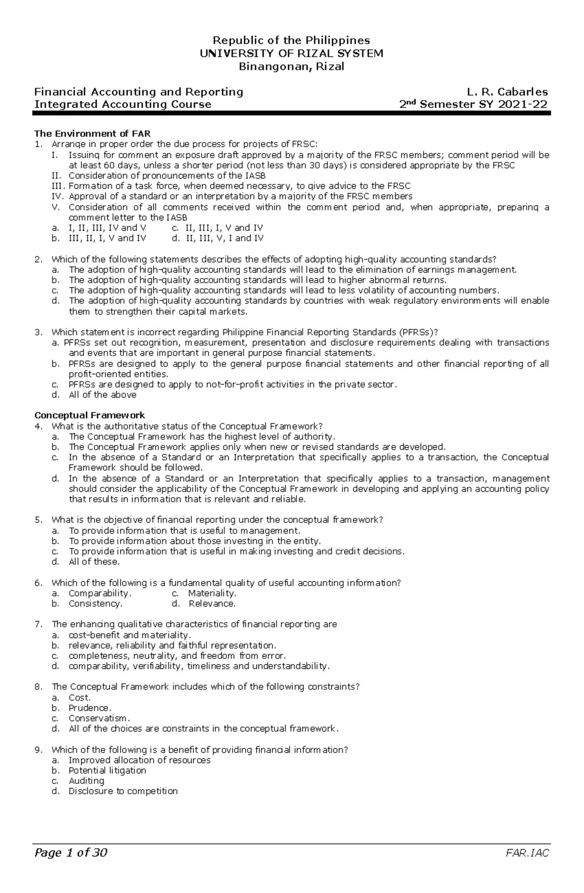 1 FAR Preweek May 2022 - dhgh - UNIVERSITY OF RIZAL SYSTEM Binangonan, Rizal Financial ...