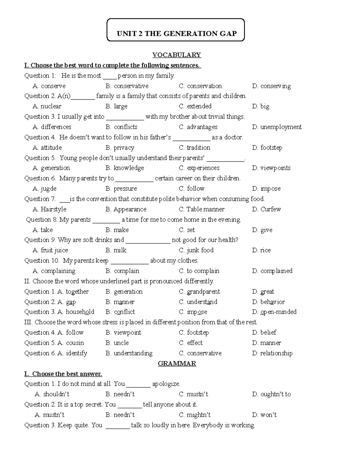 Tieng Anh 11 Global sucess - UNIT 2 THE GENERATION GAP VOCABULARY I ...