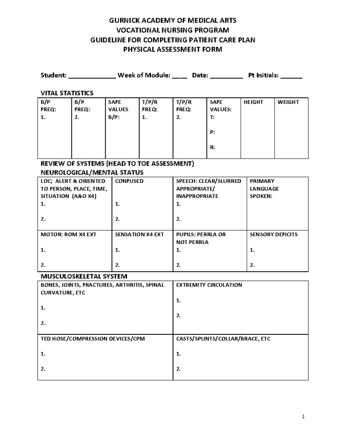 Patient Assessment Forms 0319 - GURNICK ACADEMY OF MEDICAL ARTS ...