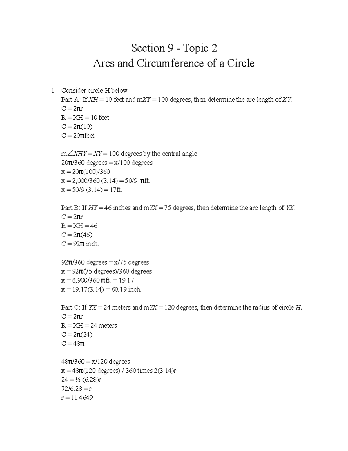 Section 9 - Topic 2 Arcs and Circumference of a Circle - Part A: If XH = 10 feet and mXY = 100 ...