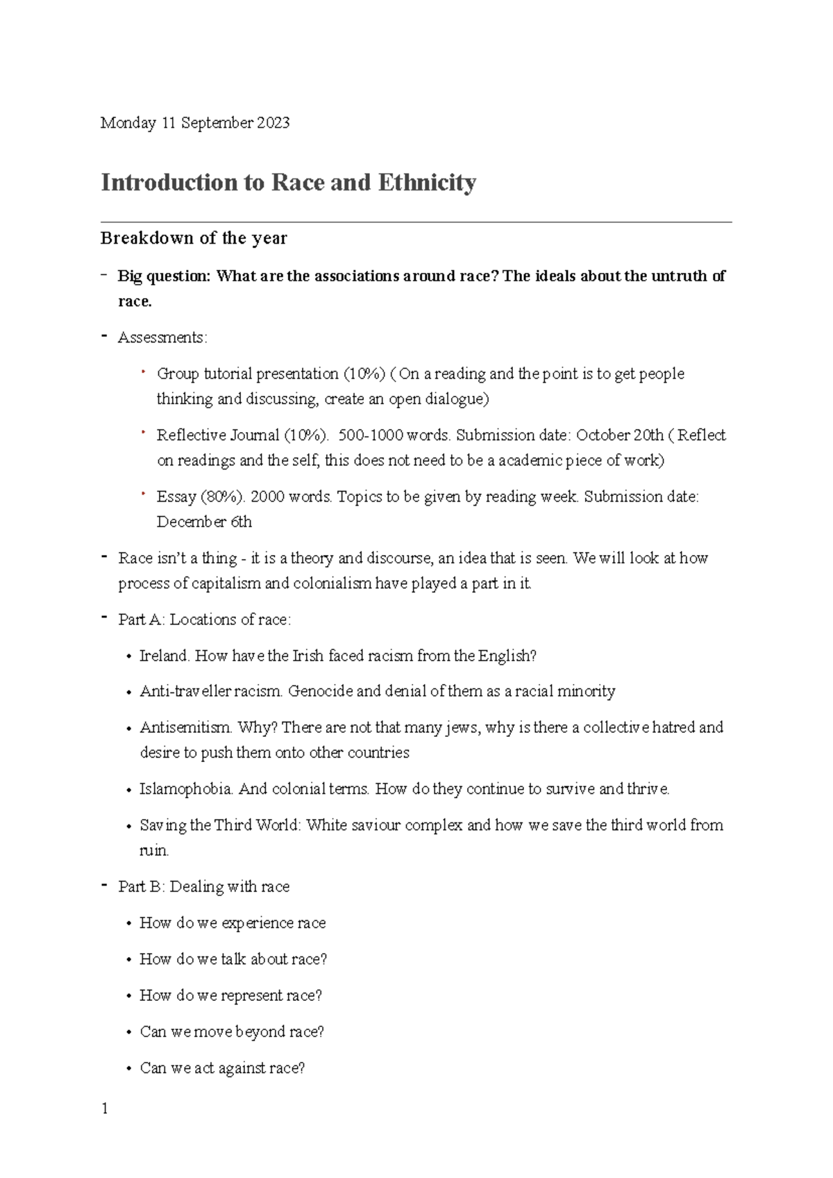 Race Notes - Monday 11 September 2023 Introduction to Race and ...