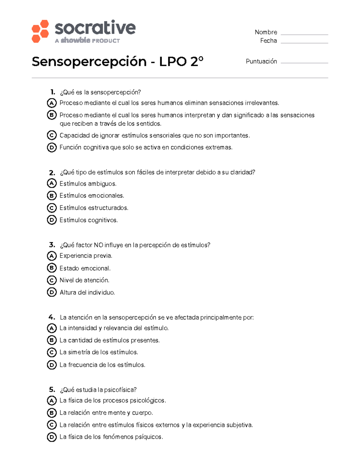 Quiz Sensopercepción - LPO 2° - Nombre Fecha Sensopercepción - LPO 2 ...