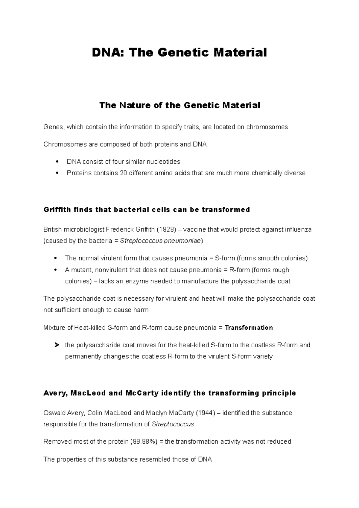 DNA - mcbn notes - DNA: The Genetic Material The Nature of the Genetic ...