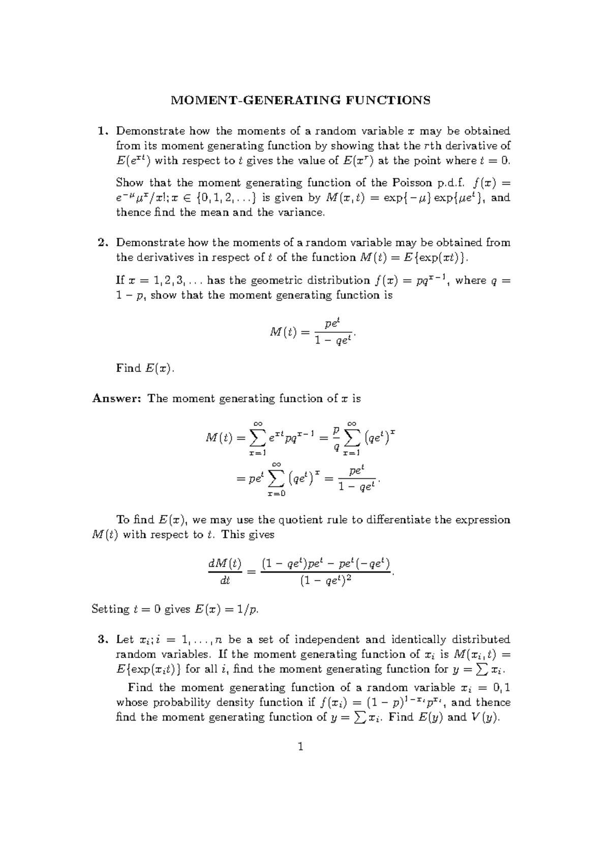 A MGFS - Economics - MOMENT-GENERATING FUNCTIONS Demonstrate how the ...