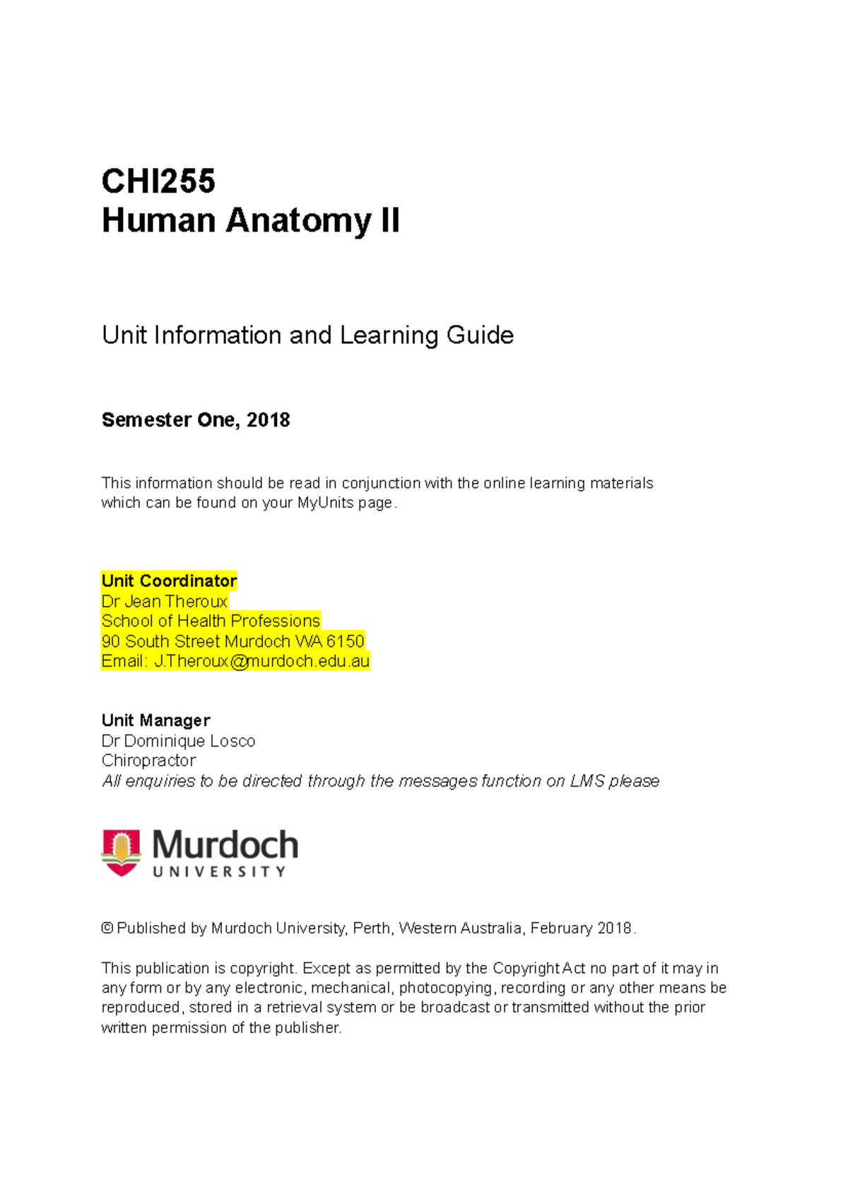 2018 CHI255 UNIT Information AND Learning Guide - CHI Human Anatomy II ...