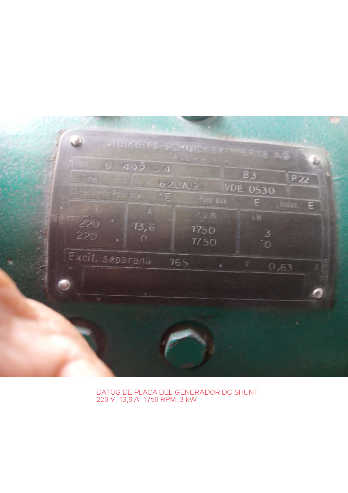 Modulo DEL Generador DC Shunt - DATOS DE PLACA DEL GENERADOR DC SHUNT ...