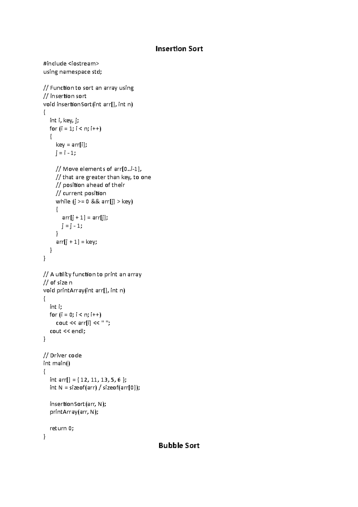 Codes For Sorting Algorithms Insertion Sort Include Using Namespace Std Function To Sort