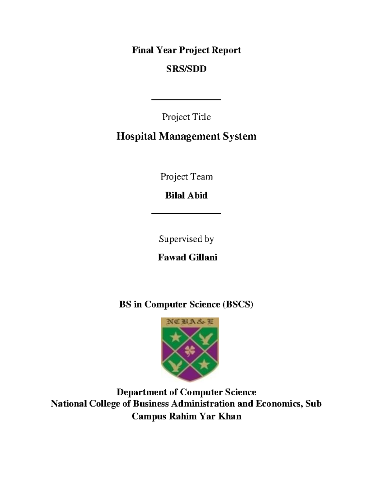 Hospital Management System 2 - Final Year Project Report SRS/SDD ...