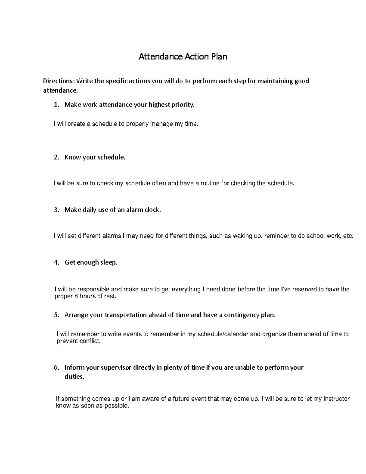 Attendance Action Plan - MATH 1111 - Attendance Action Plan Directions ...