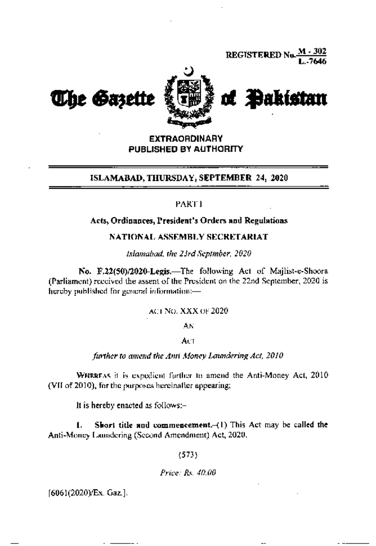 Annex-A AMLA as passed by Parliament- Gazetted Copy - REGISTEREDNo-M' L ...