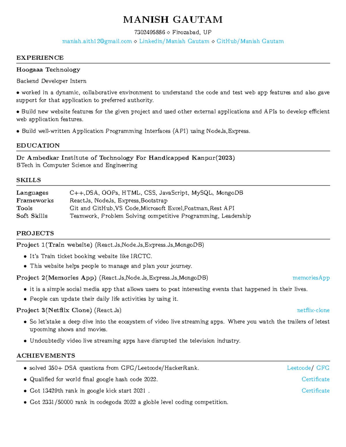 Manish resume - this is assignment - MANISH GAUTAM 7302495886 ⋄ ...