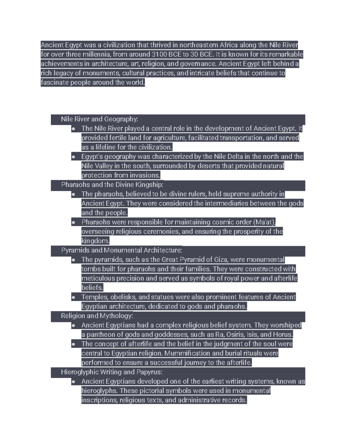 Ancient Egypt - key notes - Ancient Egypt was a civilization that ...