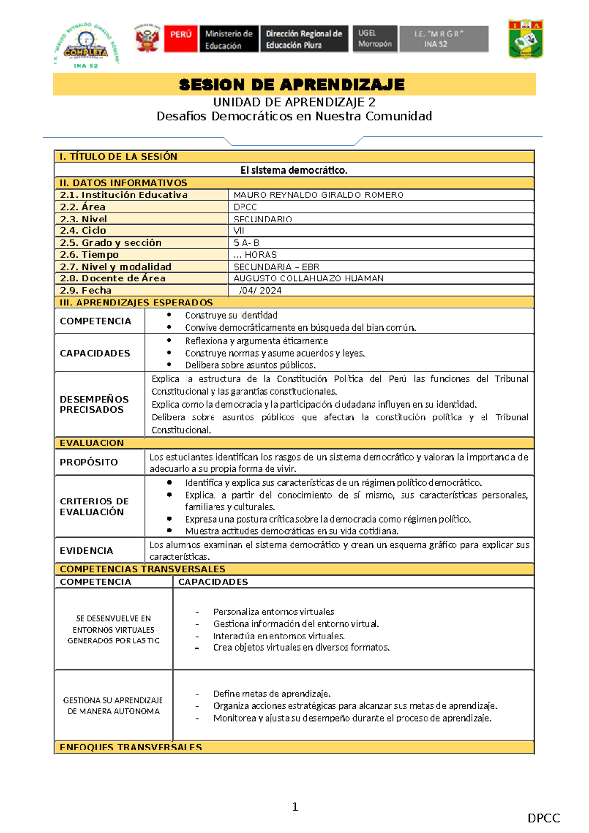 5º SES ACT 1 - DPCC 2024 - CCCCCCCC - DPCC 1 SESION DE APRENDIZAJE UNIDAD DE APRENDIZAJE 2 ...