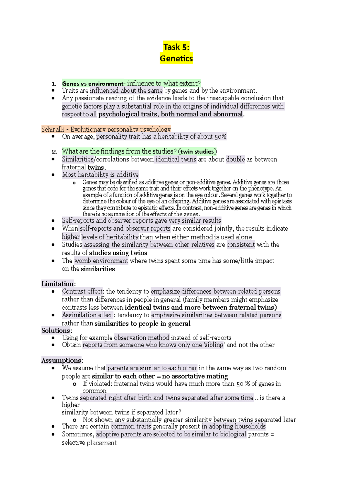 Lecture Notes on Gentics - Task 5: Genetics Genes vs environment ...