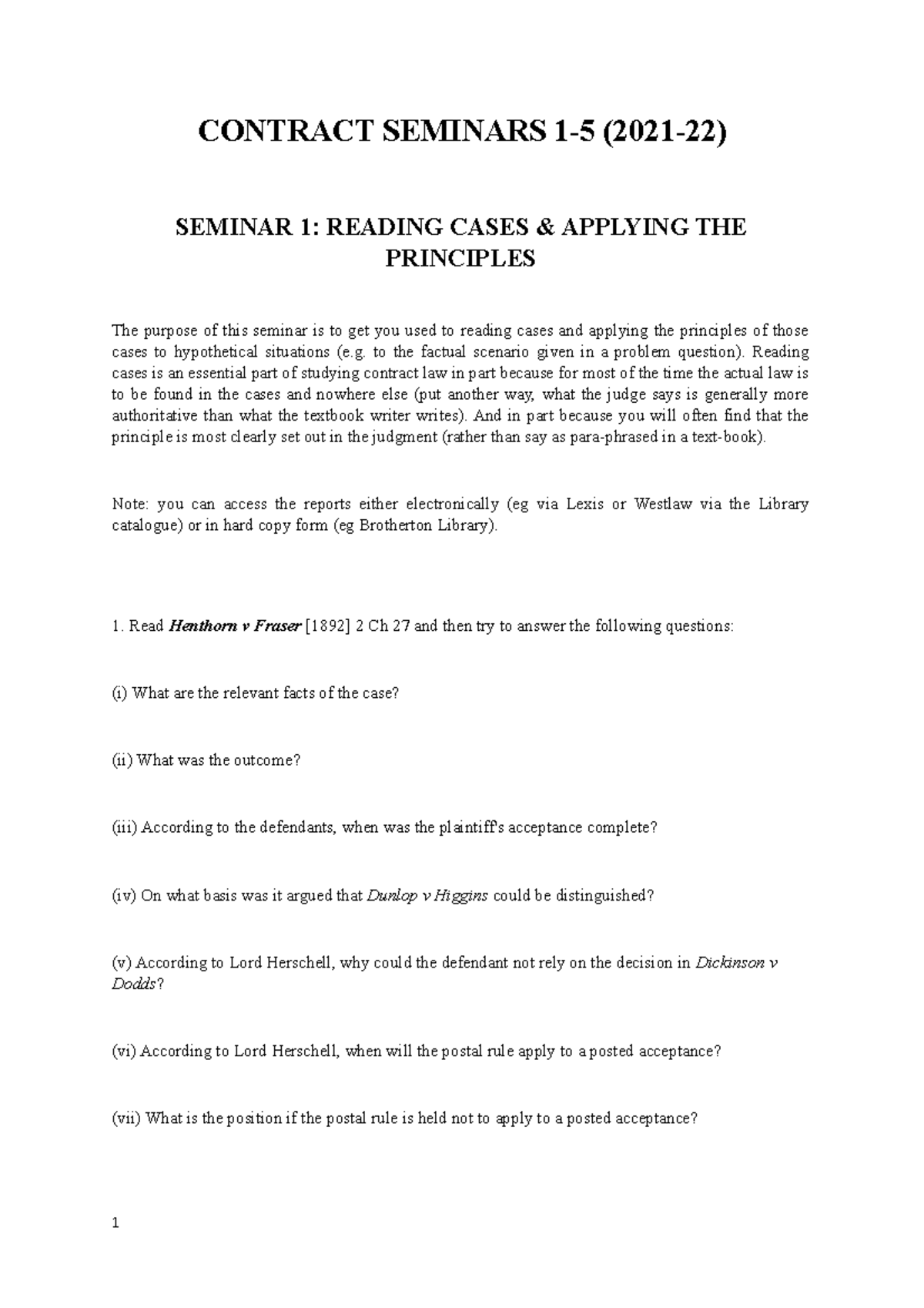 Contract Seminar 3 - CONTRACT SEMINARS 1-5 (2021-22) SEMINAR 1: READING ...