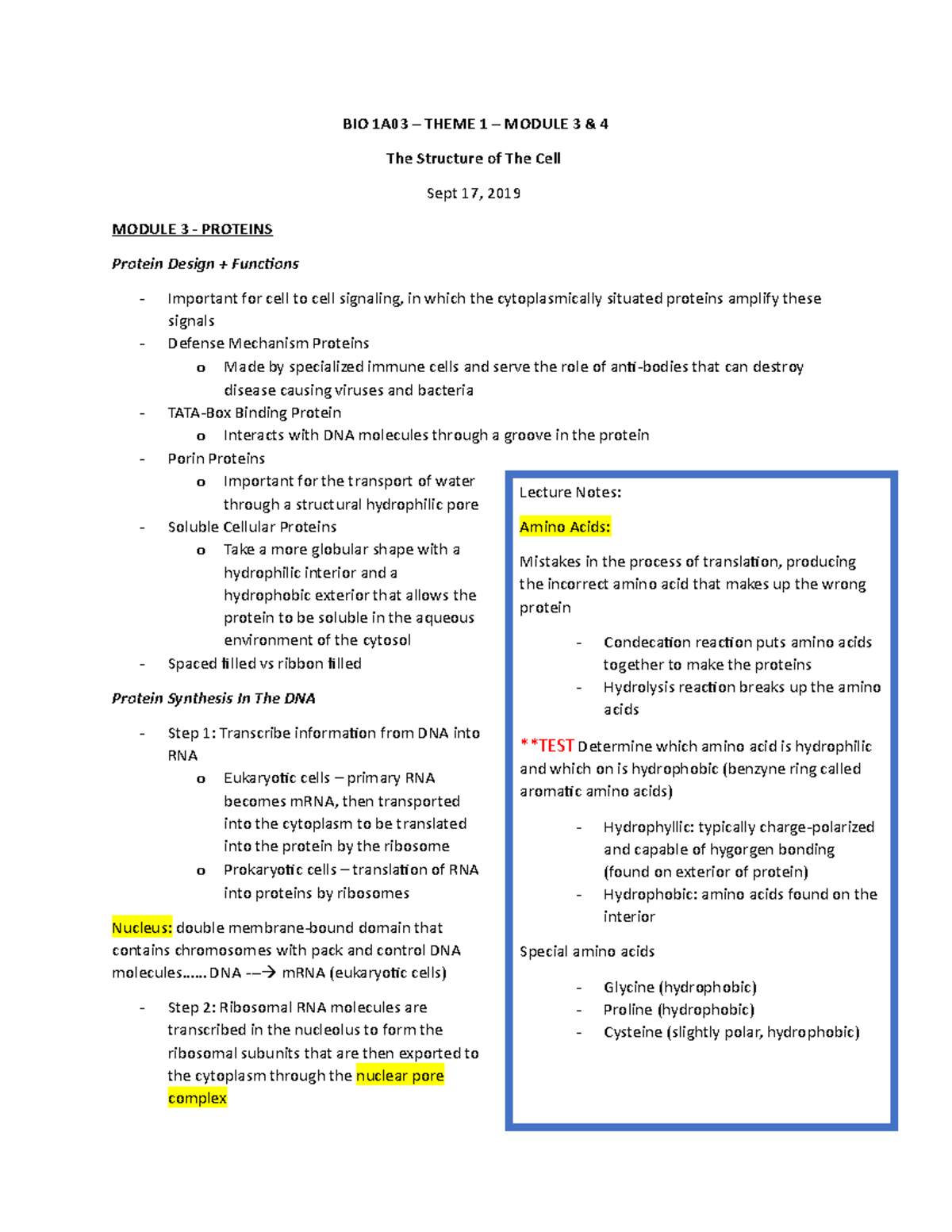 BIO 1A03 – Theme 1 – Module 3 & 4 + Lecture notes - BIO 1A03 – THEME 1 ...