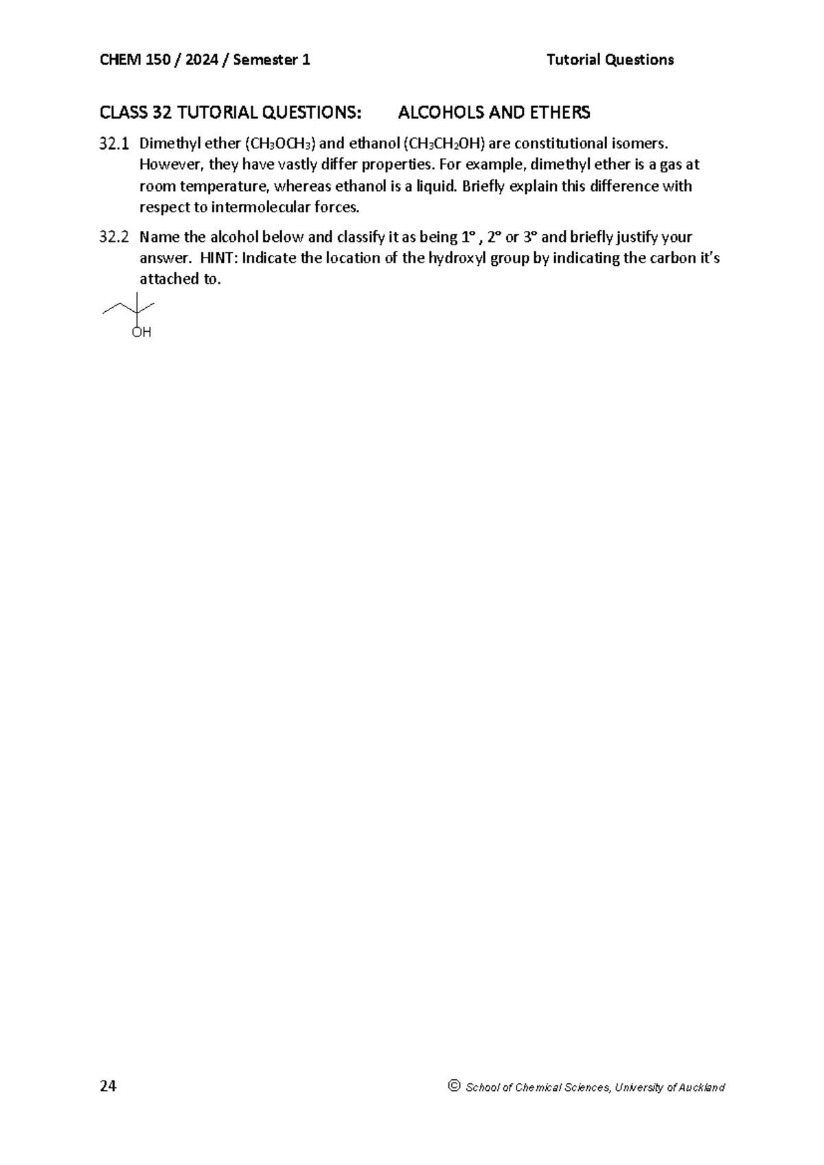 CHEM150 2024 S1 Tutorial 12 - CHEM 150 / 2024 / Semester 1 Tutorial Questions 24 School of - Studocu