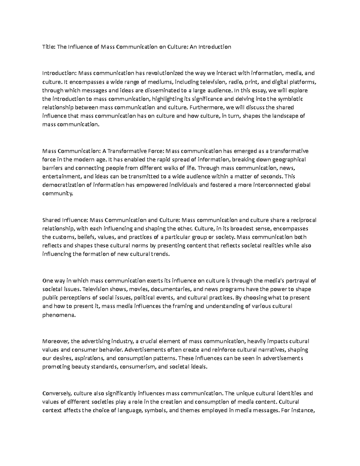 Mass Com Culture - com-126 - Title: The Influence of Mass Communication ...
