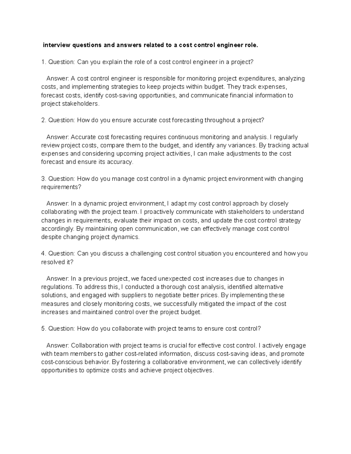 Cost Control Interview Q A 1712481139 - interview questions and answers ...