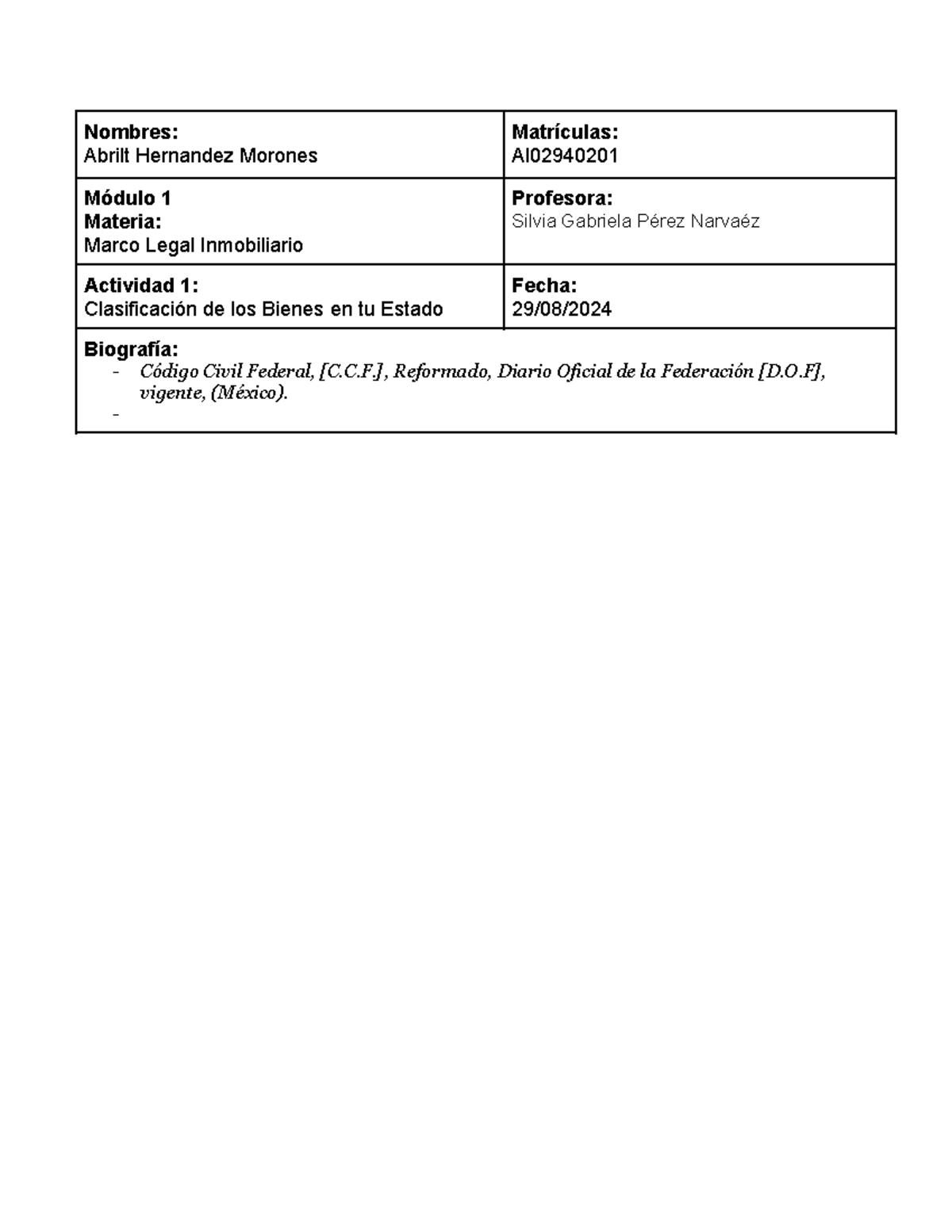 Actividad 2 marco legal - Marco Legal Inmobiliario - Nombres: Abrilt ...