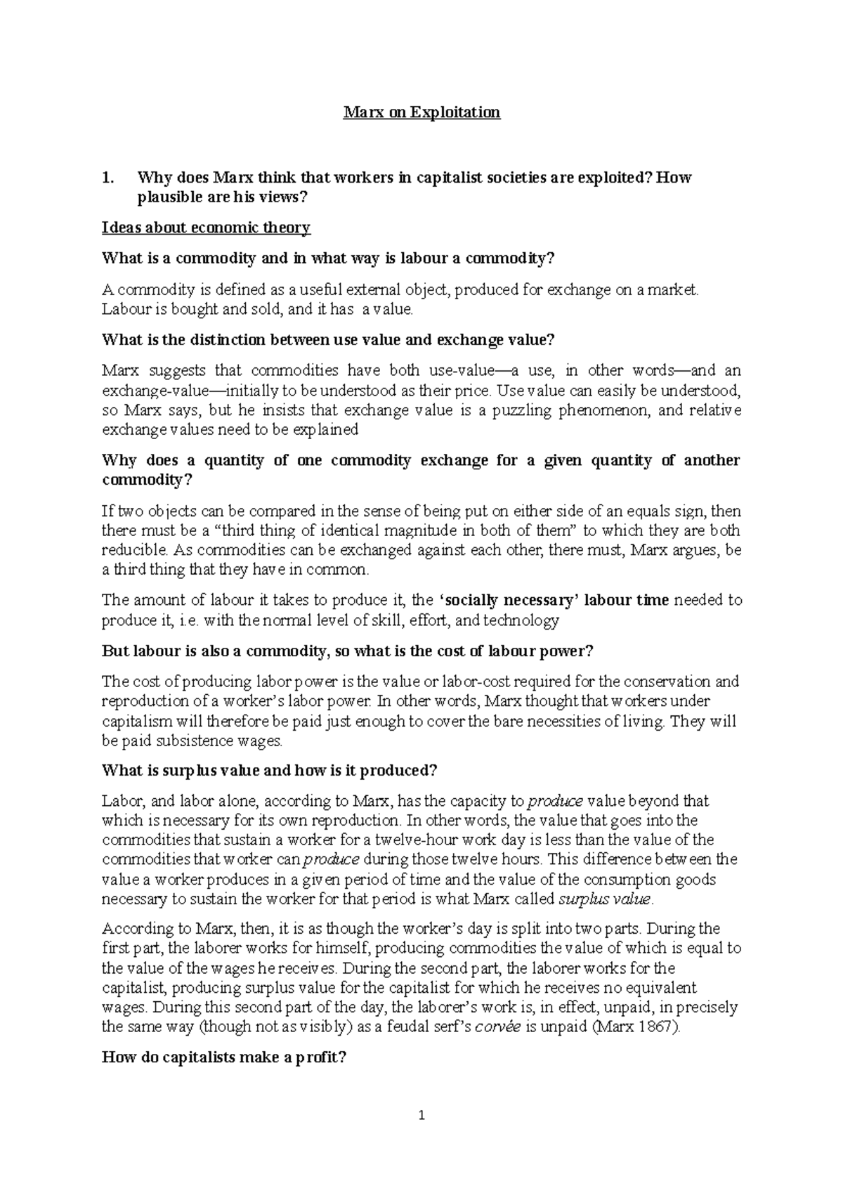 Marx on Exploitation - Why does Marx think that workers in capitalist ...