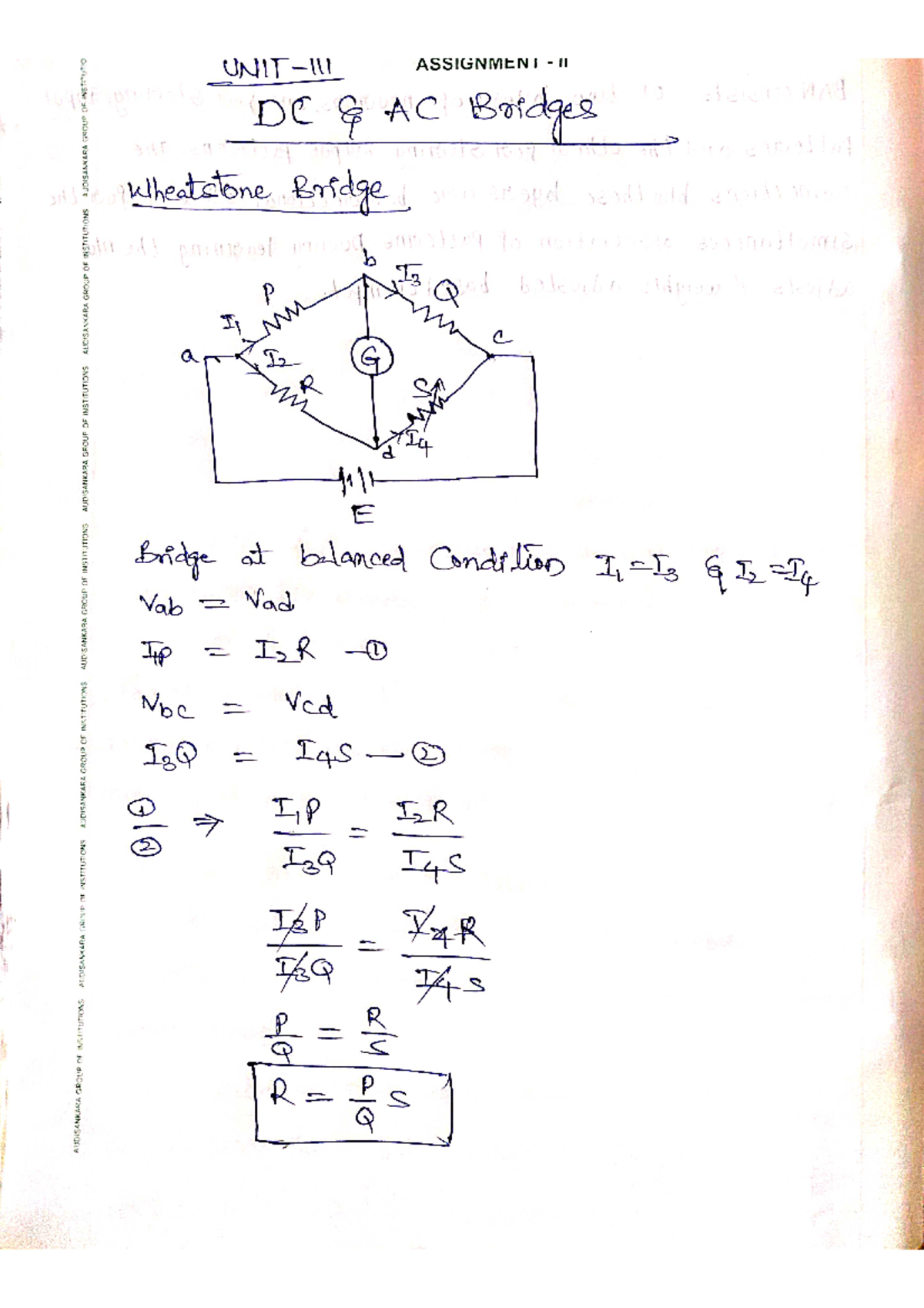 EMI Unit-3 AC & DC Bridges - ASSIGNMENT DE AC Bridges Wheatstone Bridge b I3 IT in Q C a I2 G m ...