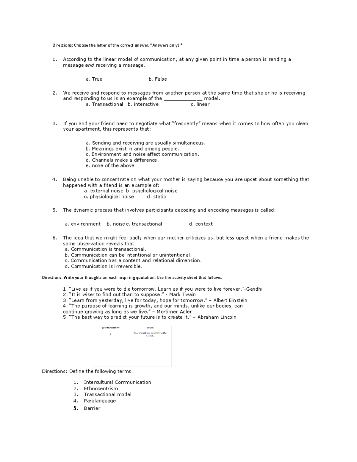 Quiz #2 for oral comm - quiz - Directions: Choose the letter of the correct answer. *Answers ...