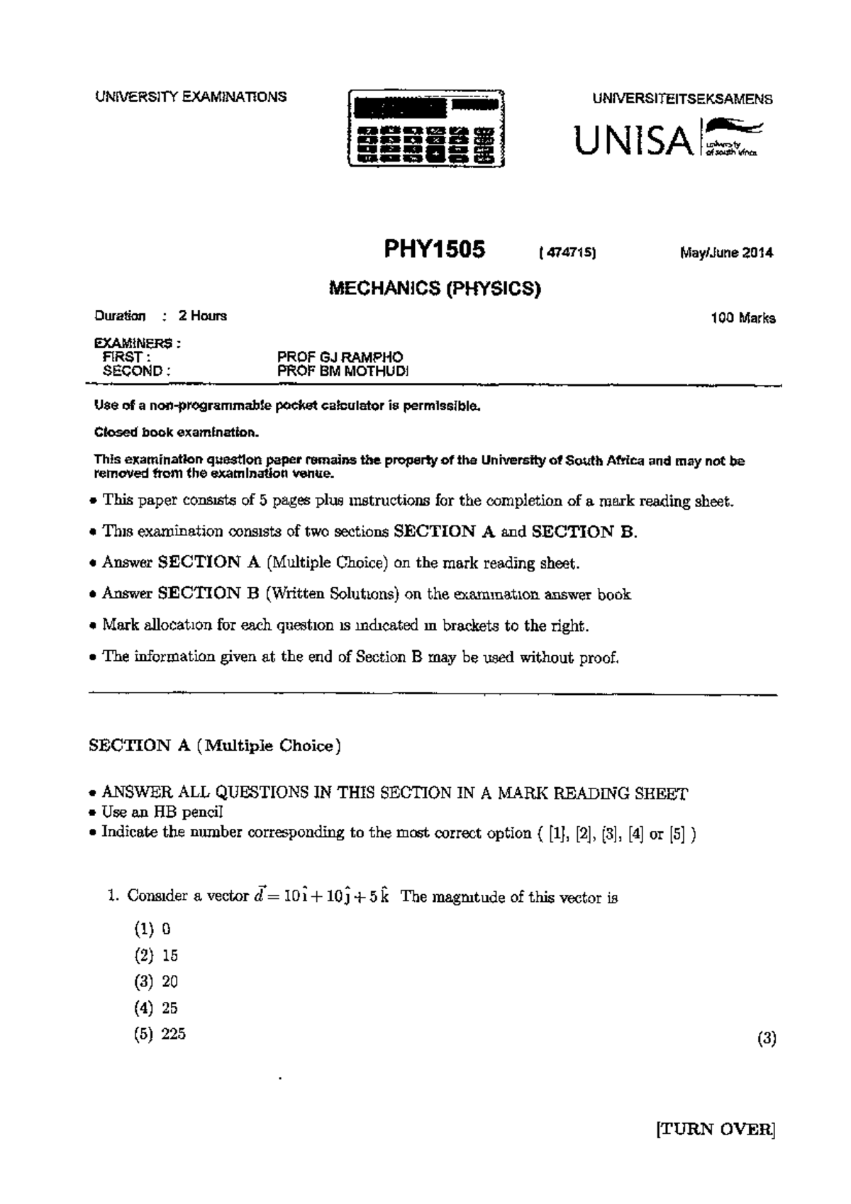 PHY1505 2014 6 E 1 - Mechanics 2014 JUNE Exam - PHY1505 - Unisa - Studocu