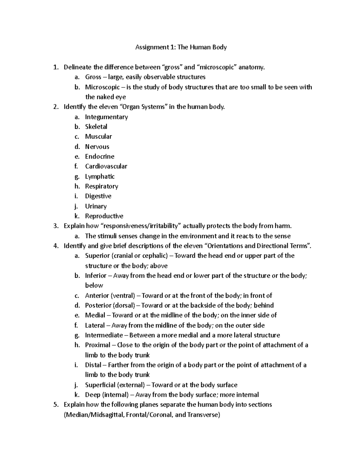 Chapter 1 The Human Body - Assignment 1: The Human Body Delineate the ...