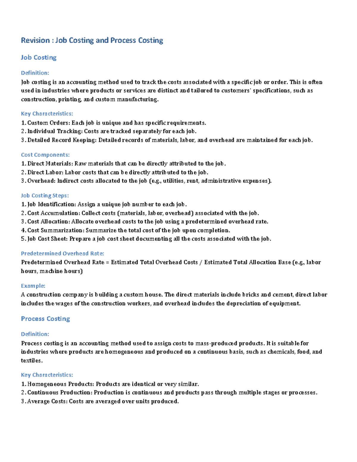 Job Costing and Process Costing Revision Notes - Revision : Job Costing ...