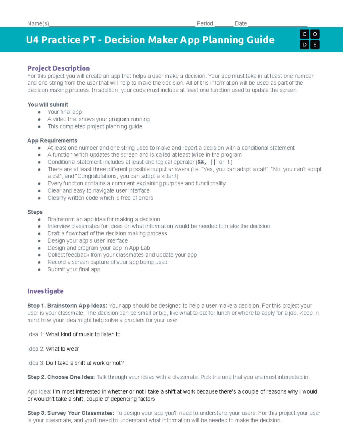 CSP U4 Practice PT Planning Guide - Name(s