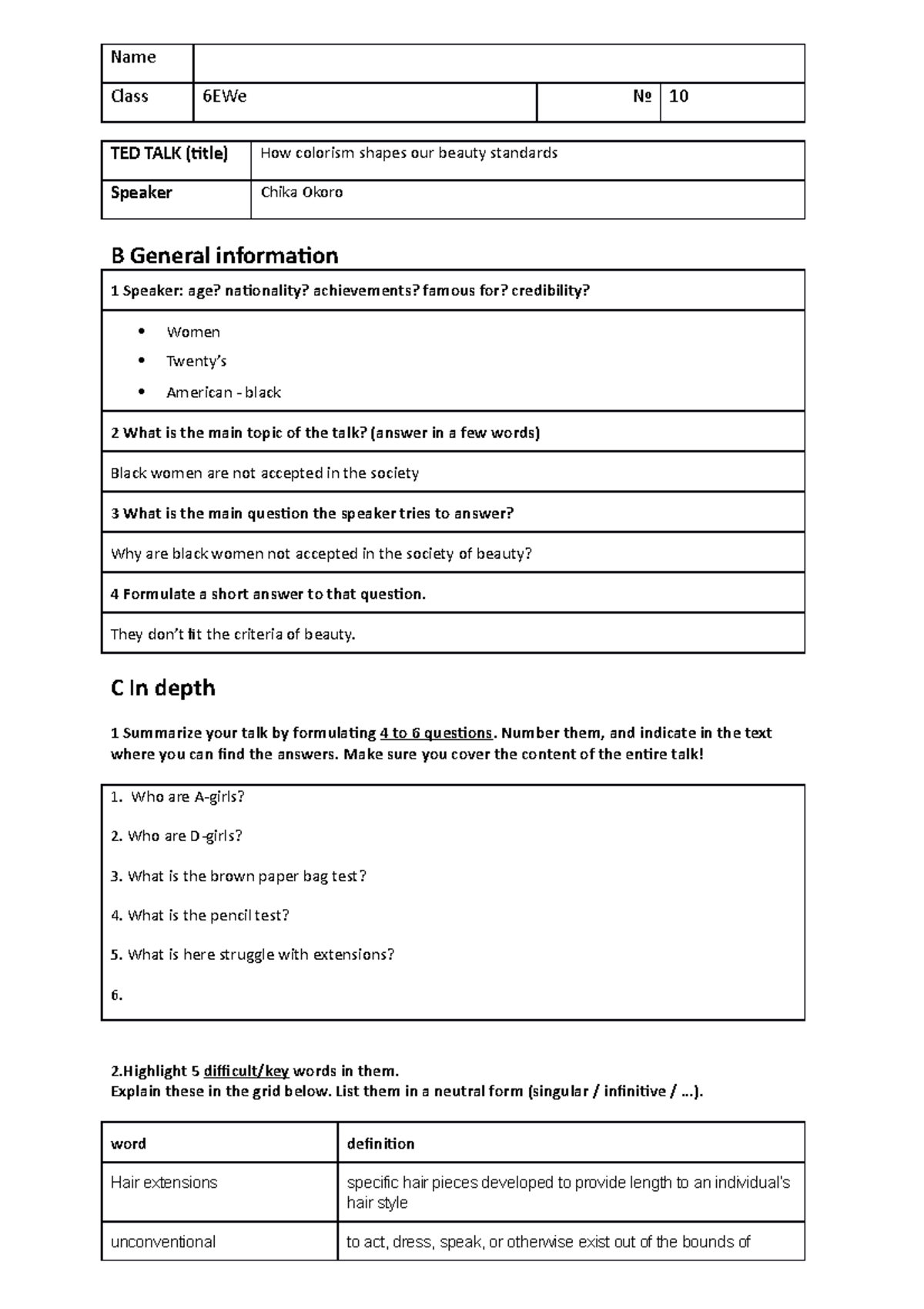 Template - TED Talk - ted talk - Name Class 6EWe No 10 TED TALK (title ...