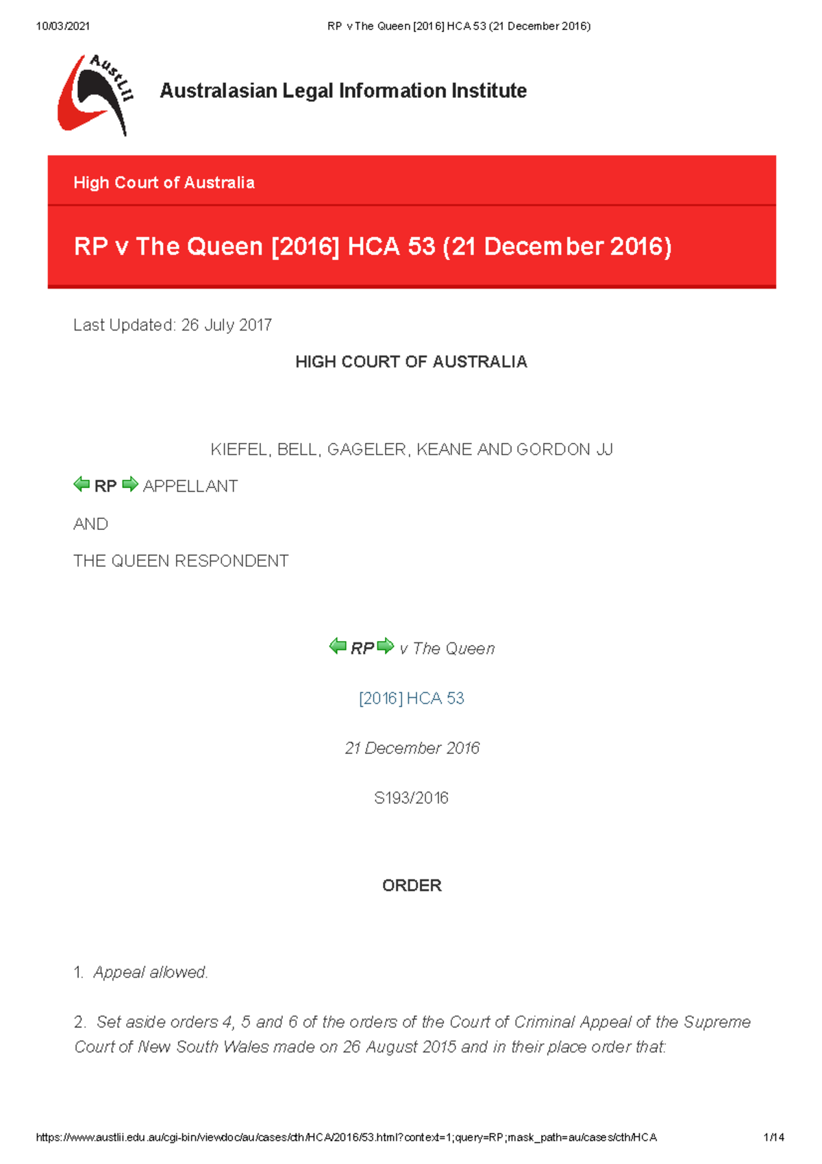 RP v The Queen [2016 ] HCA 53 (21 December 2016 ) - High Court of ...