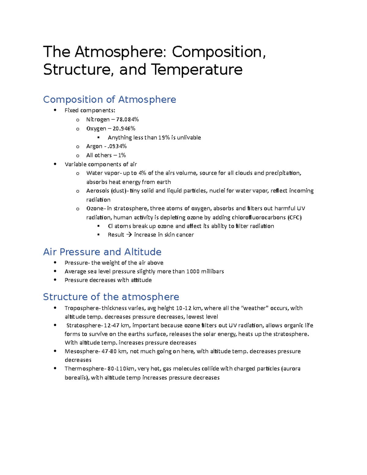 Atmosphere notes - The Atmosphere: Composition, Structure, and ...