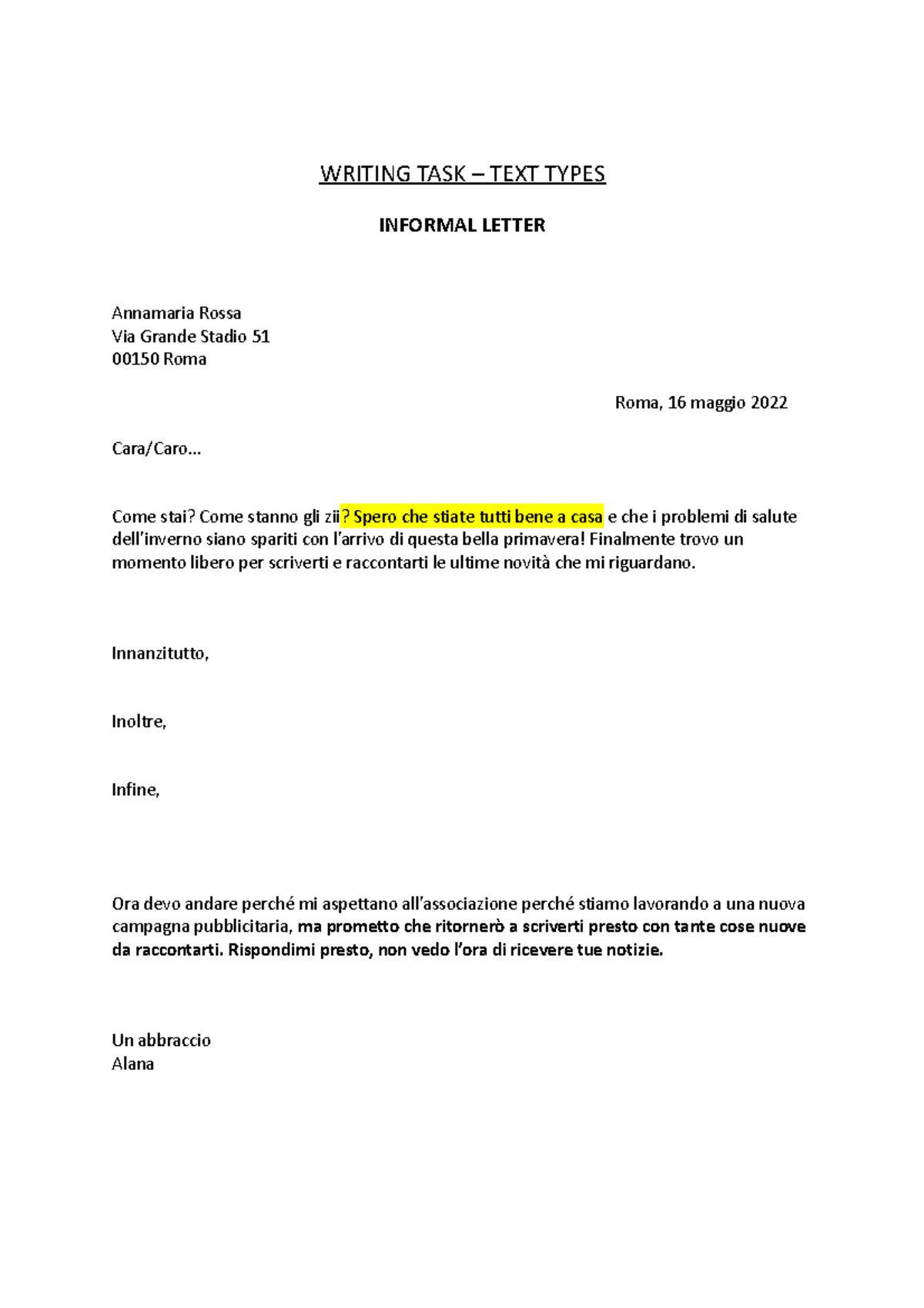 Writing task - text types - WRITING TASK – TEXT TYPES INFORMAL LETTER ...