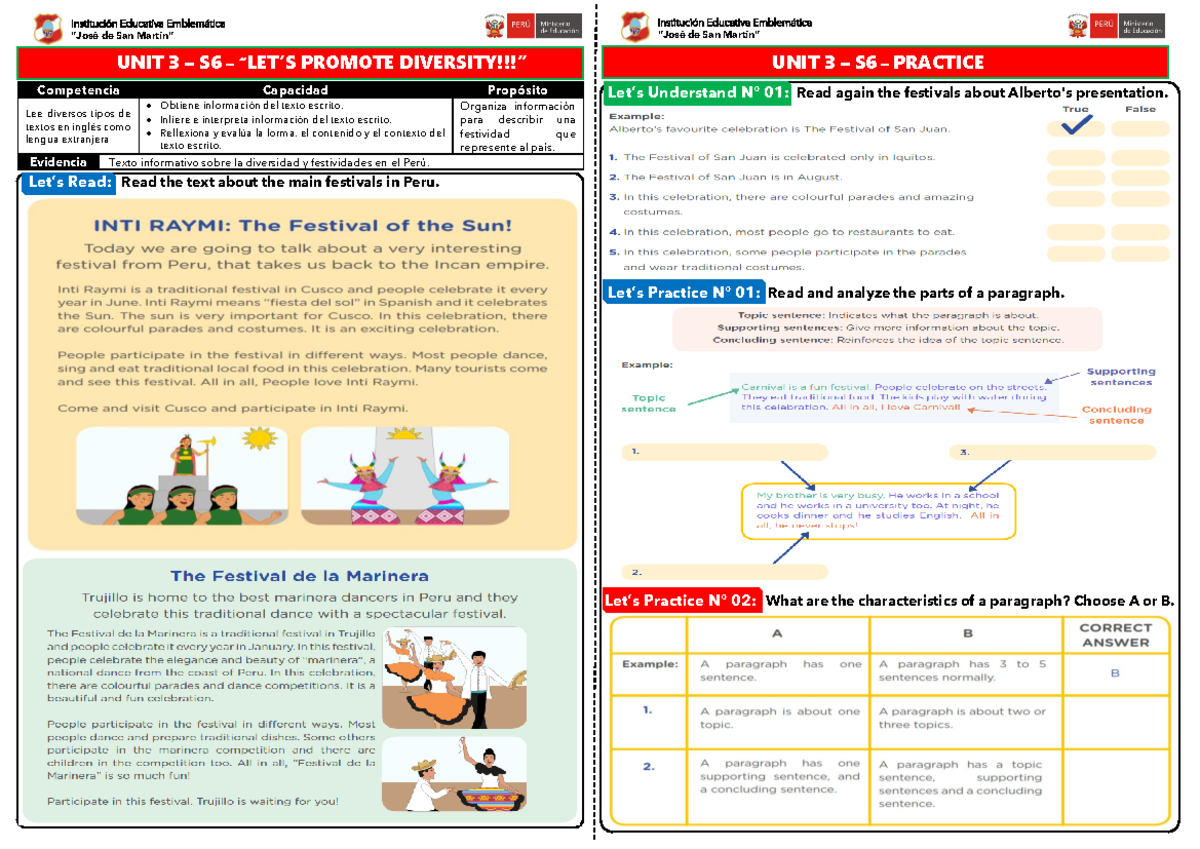 Sesion DE Aprendizaje N° 29 - UNIT 3 - UNIT 3 – S 6 – “LET’S PROMOTE DIVERSITY!!!” Let’s Read ...