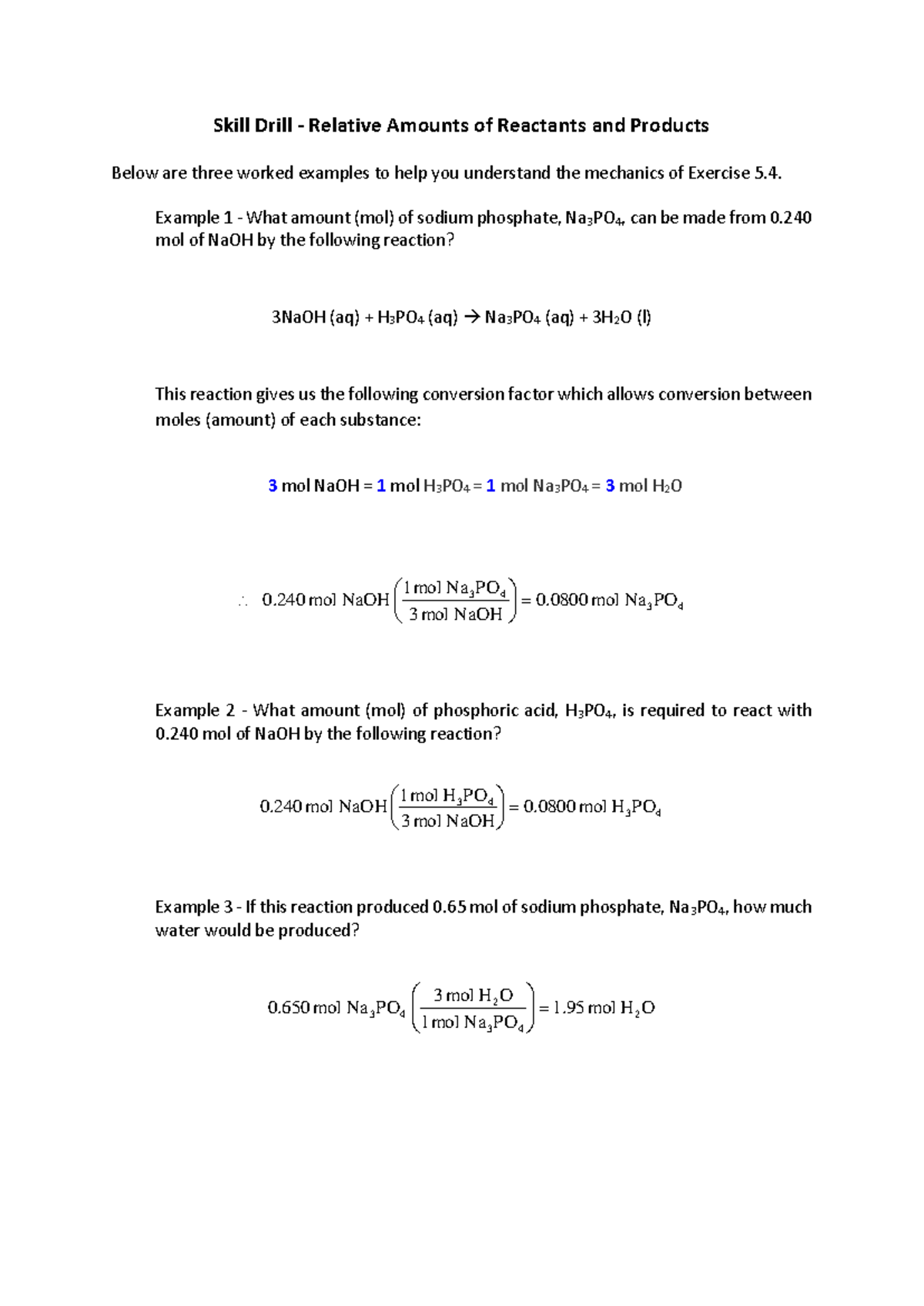 Exercise 5.4 - Relative Amounts of Reactants and Products - Skill Drill - Relative Amounts of ...