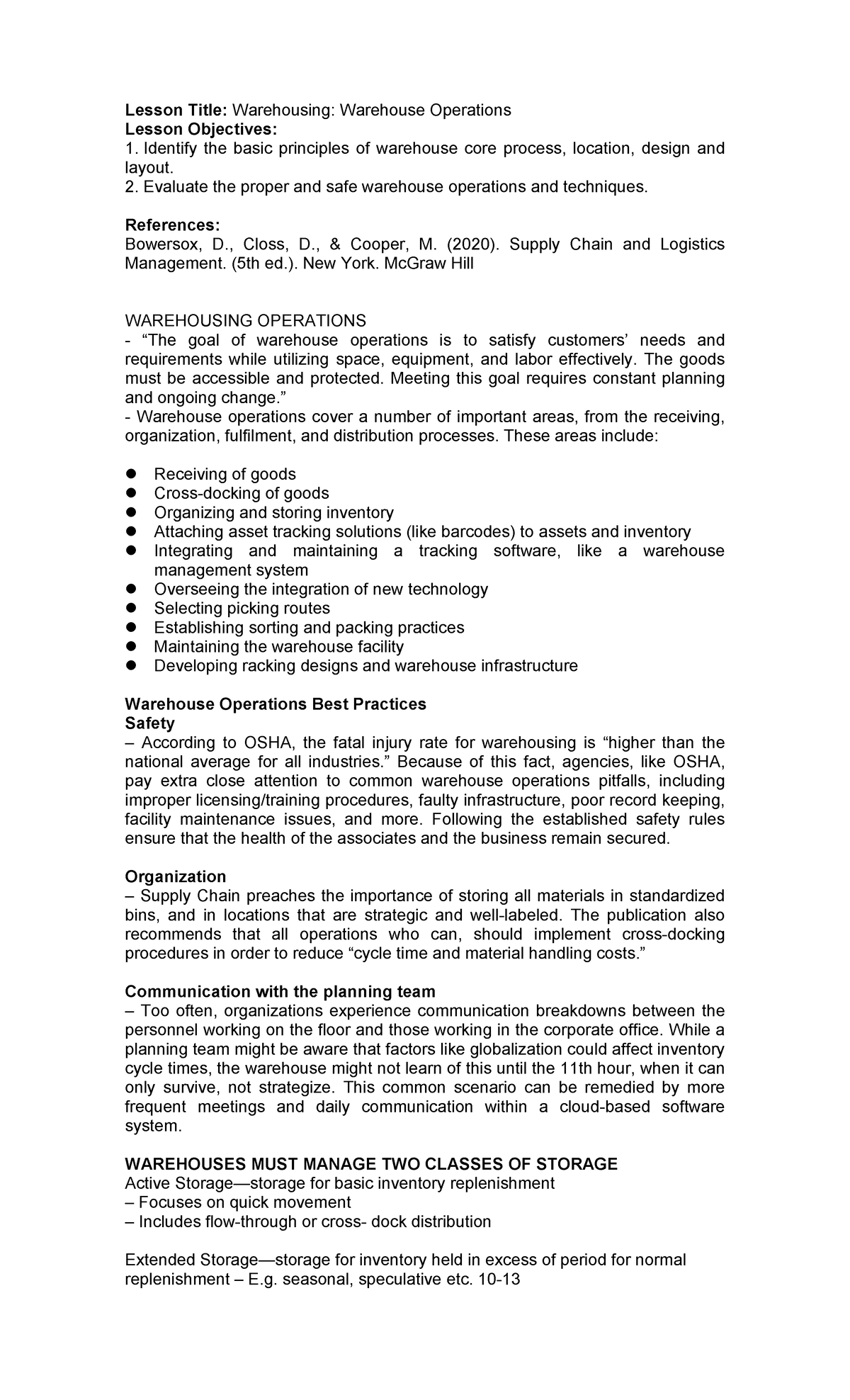 Warehousing Warehouse Operations - Lesson Title: Warehousing: Warehouse ...