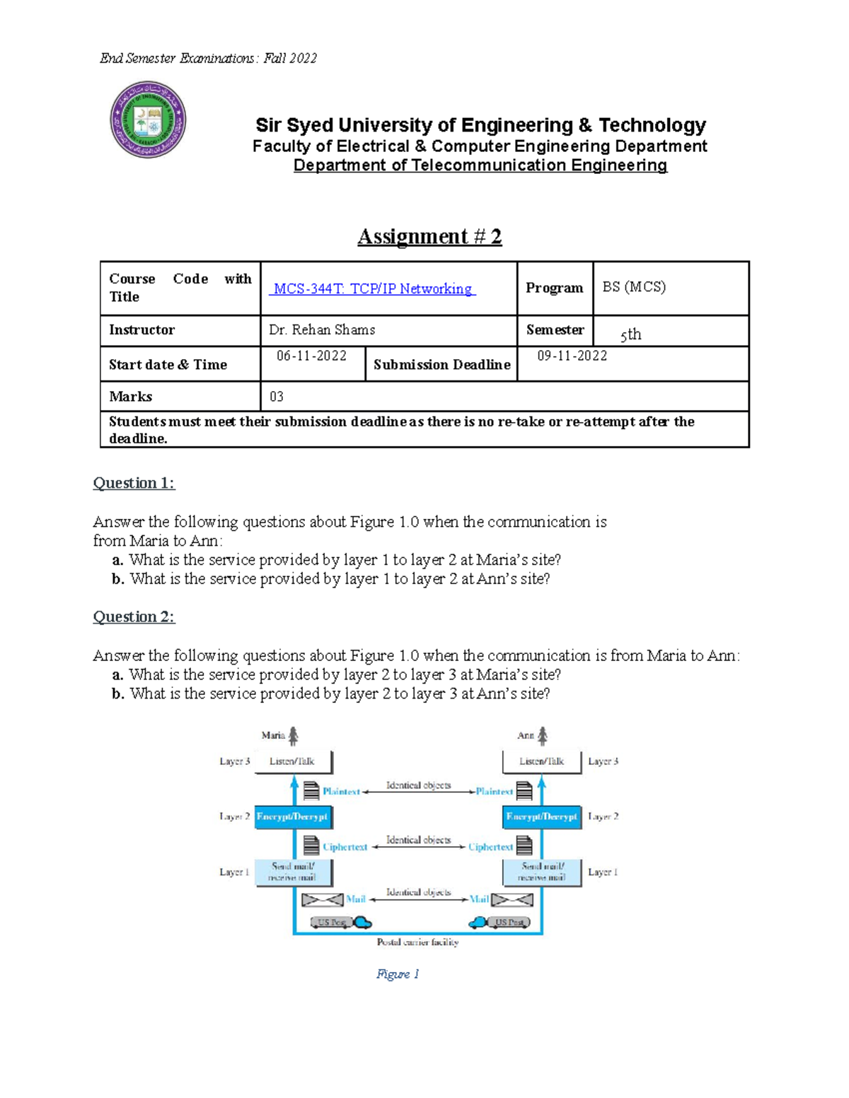 Assignment 2-TCP - End Semester Examinations: Fall 2022 Sir Syed University of Engineering ...