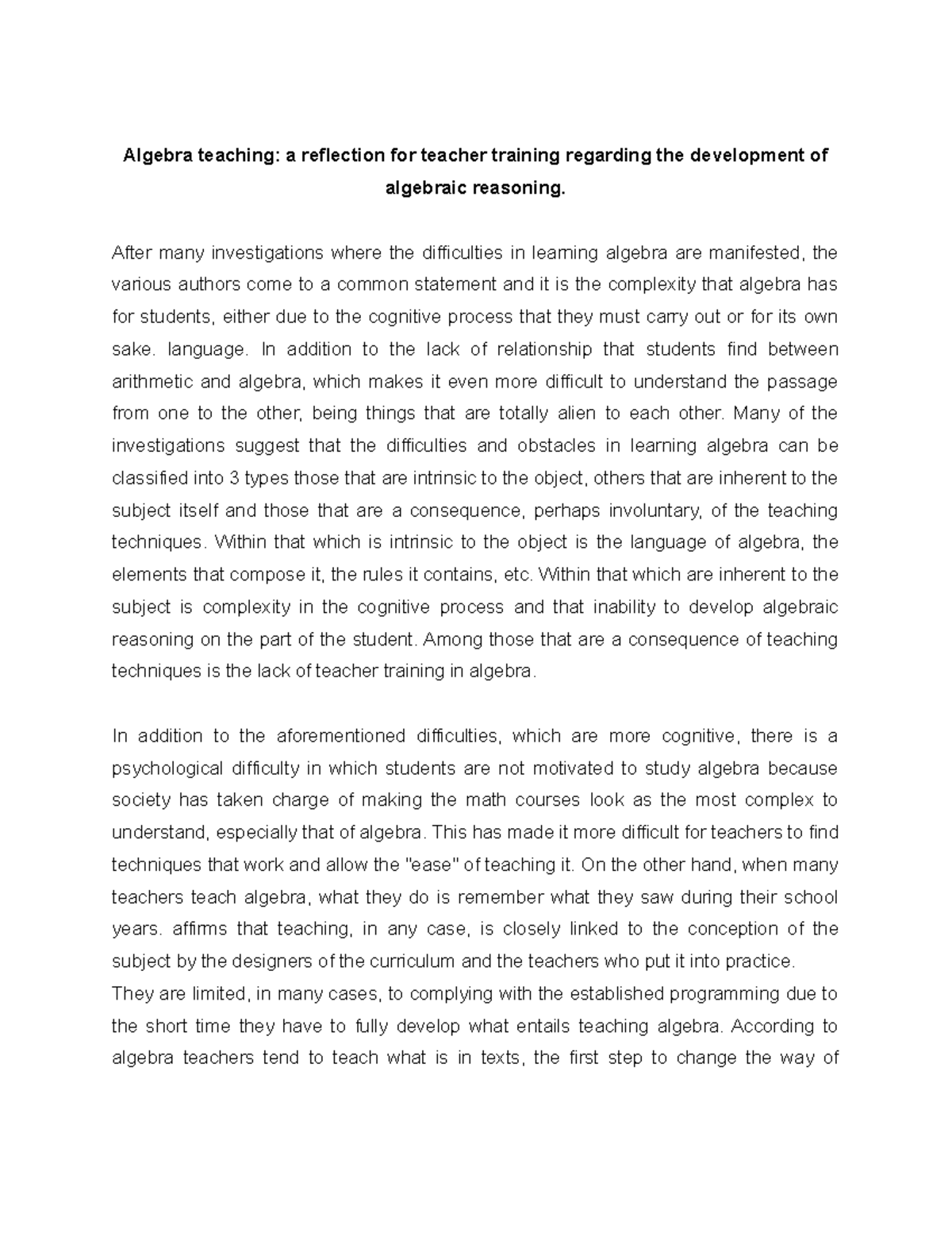 Algebraic reasoning - Algebra teaching: a reflection for teacher ...