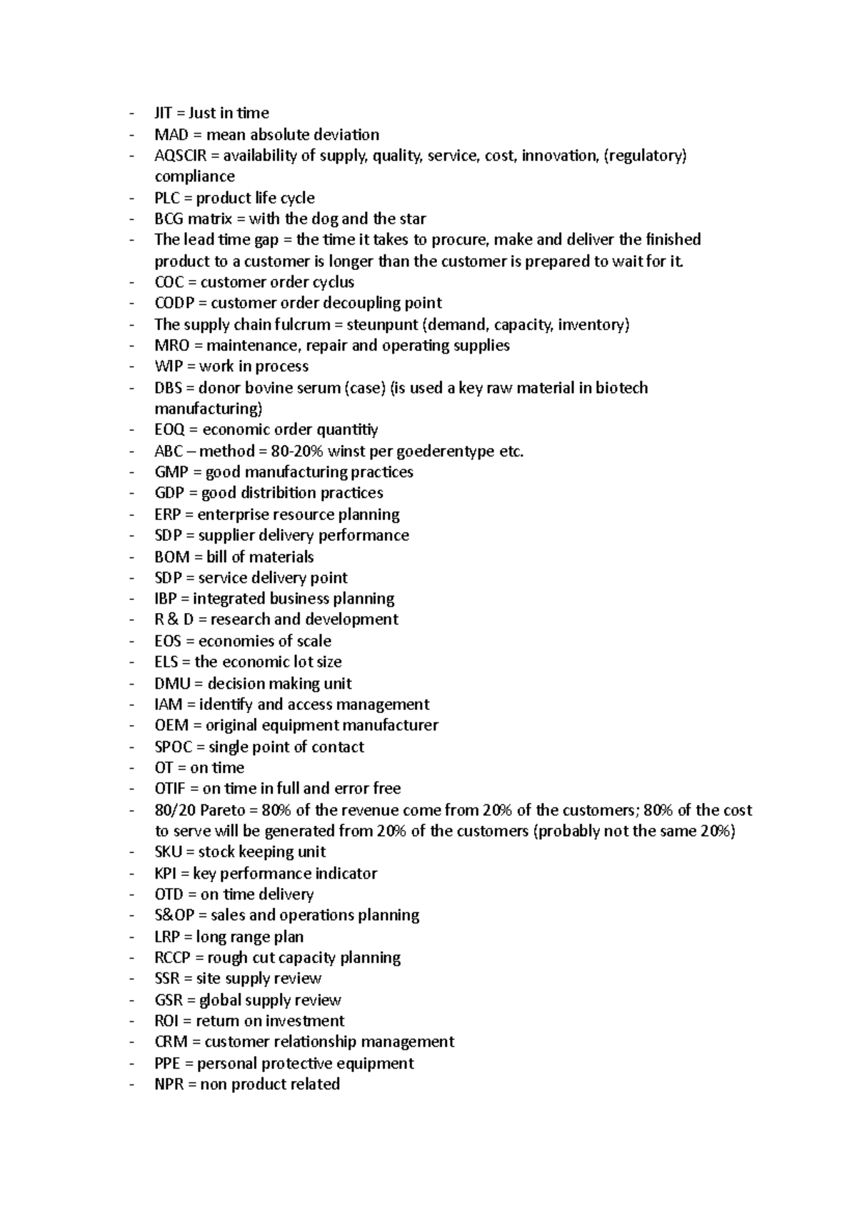 Scm afkortingen - JIT = Just in time MAD = mean absolute deviation ...