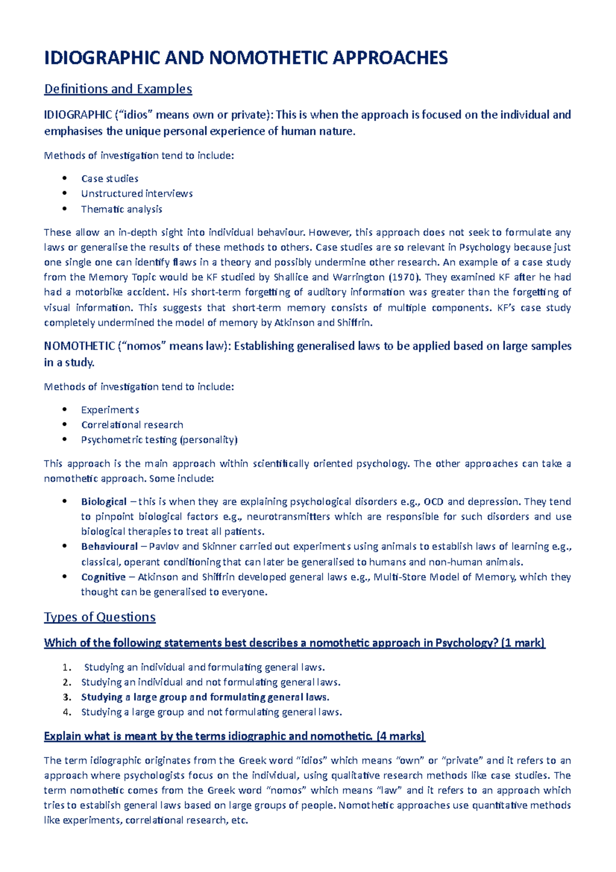 Idiographic AND Nomothetic Approaches for issues and debates 2021/2022 ...