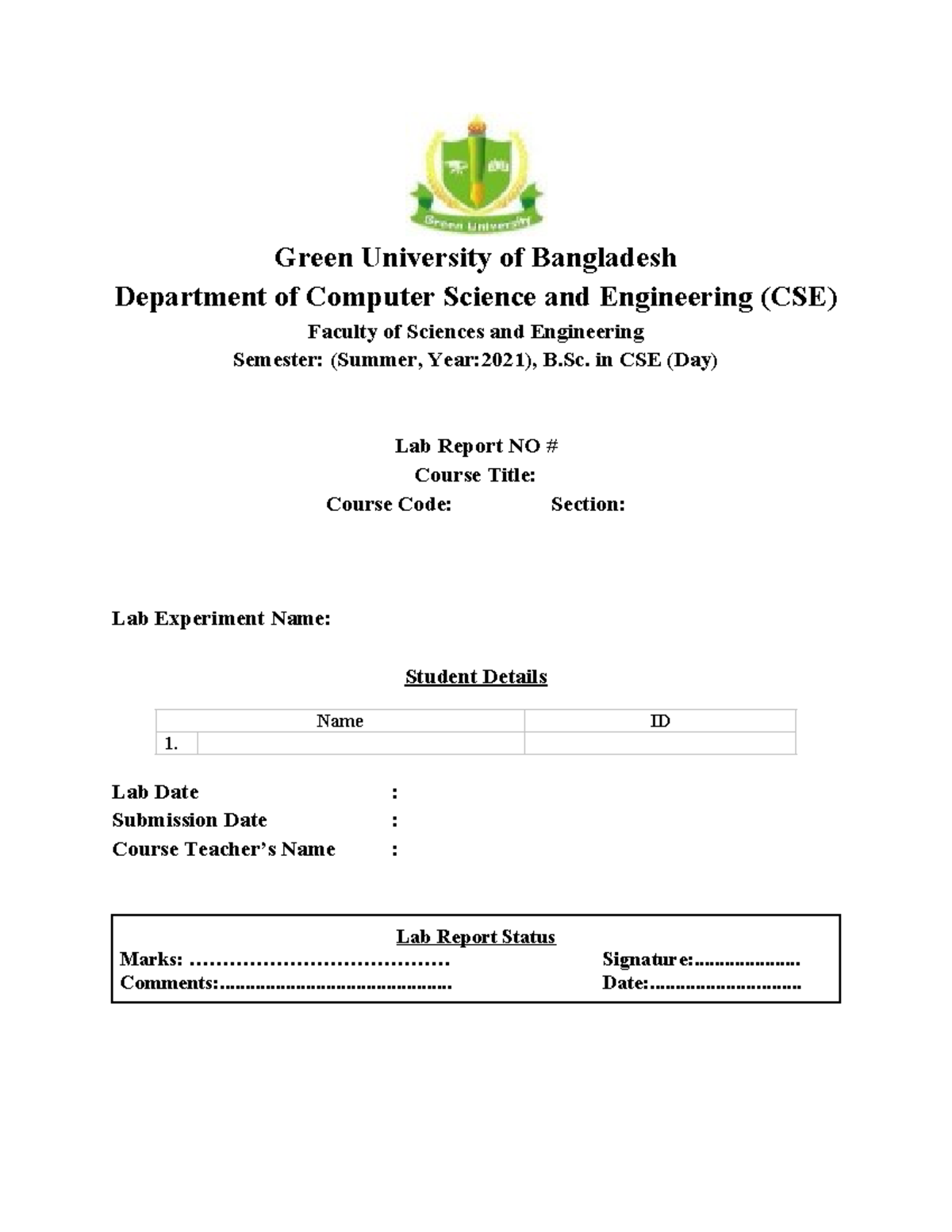 Lab Report Template - Green University of Bangladesh Department of ...