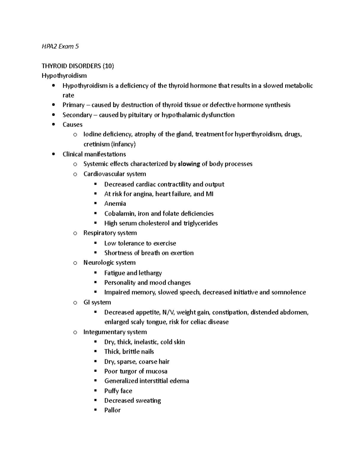 HPA2 Exam 5 - Study guide - HPA2 Exam 5 THYROID DISORDERS (10 ...