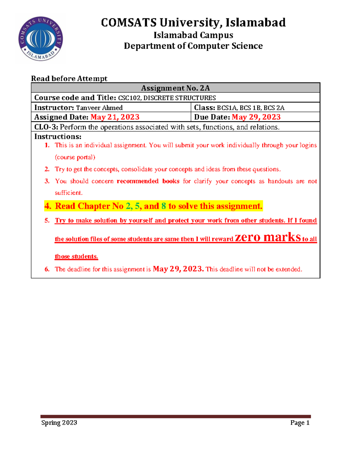 Assignment 2A SP23 - qqq - Read before Attempt Assignment No. 2A Course ...