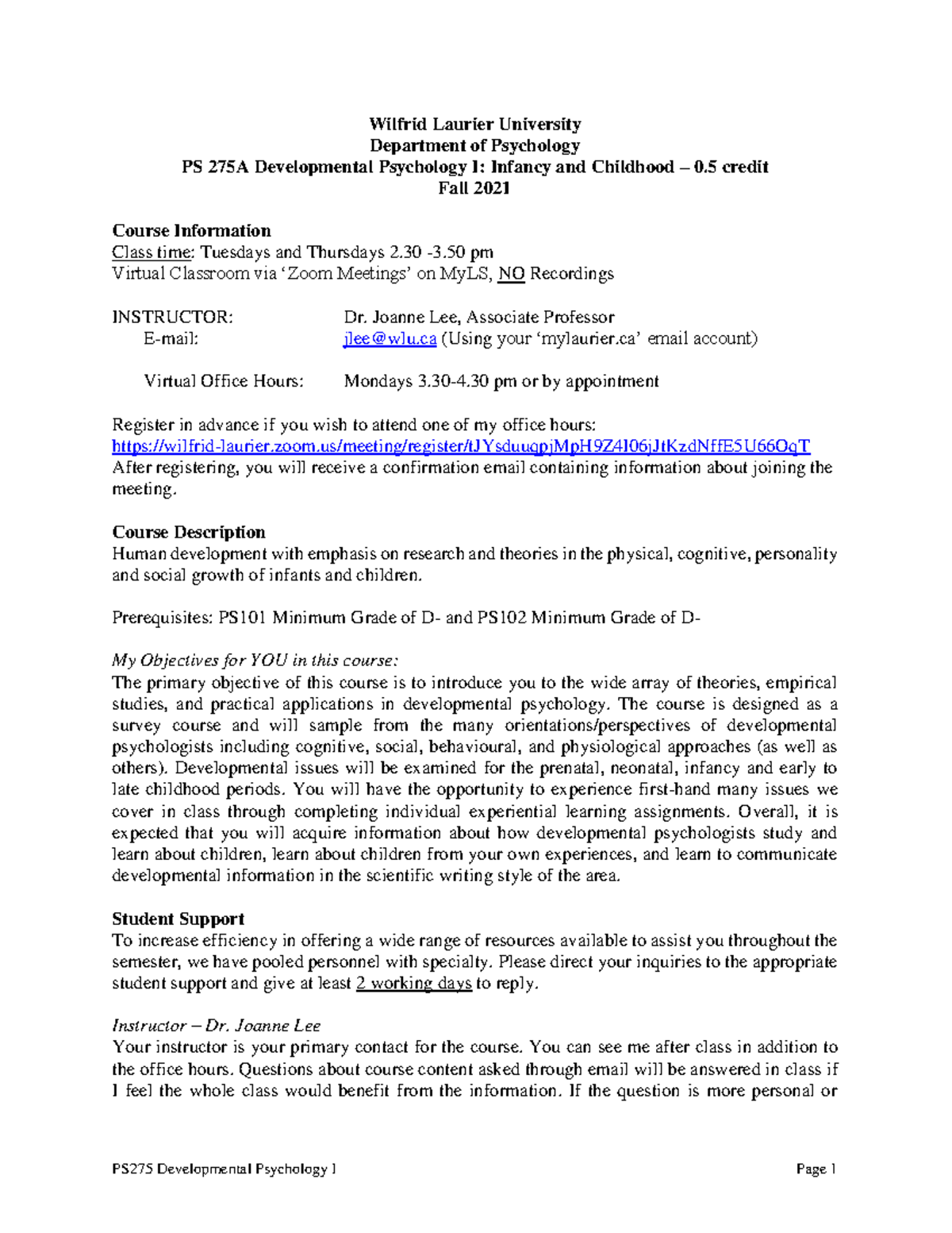 Developmental Psychology Syllabus (Lee) - Wilfrid Laurier University ...