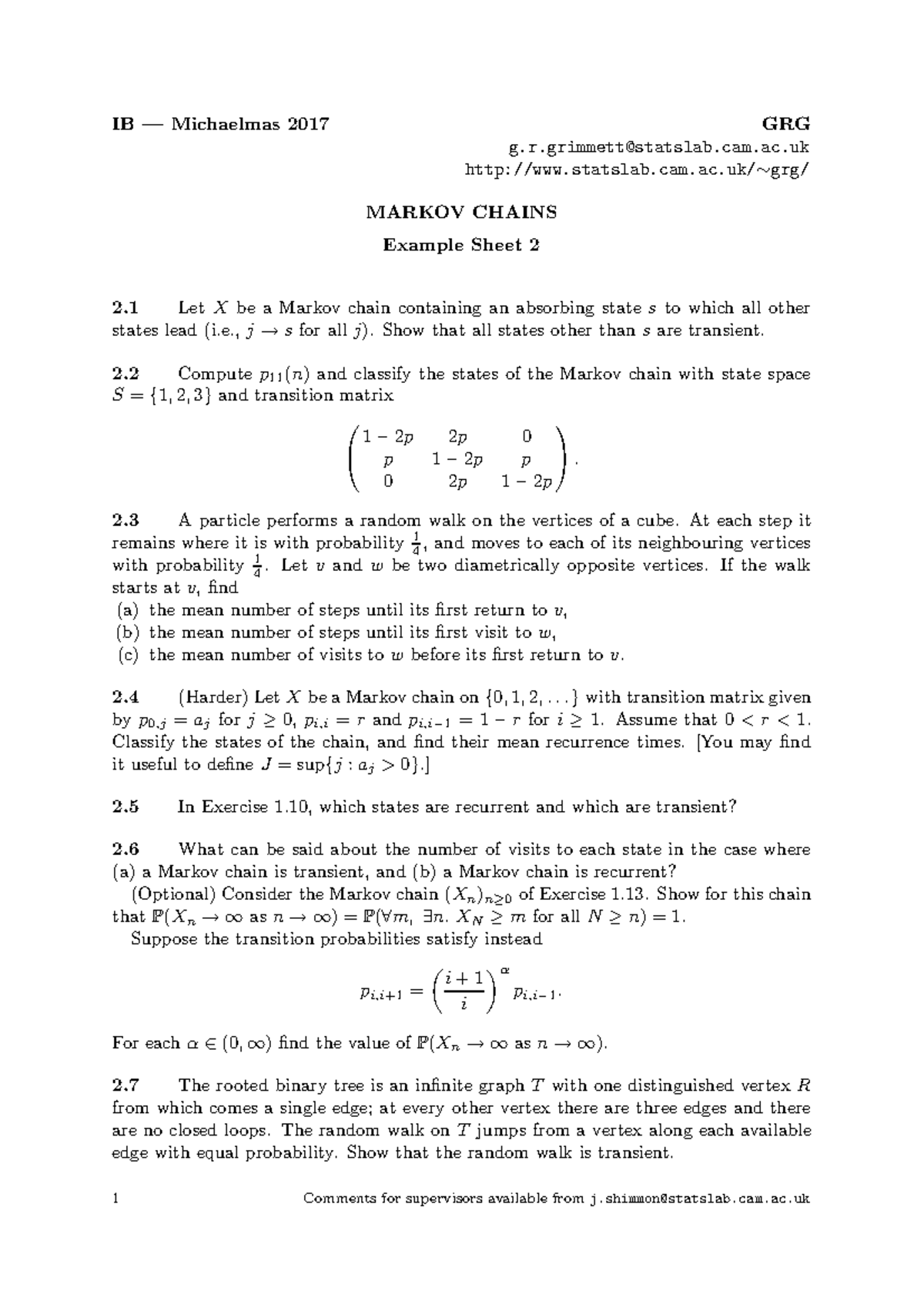 Markov Chains 2017-2018 Example Sheet 2 - IB — Michaelmas 2017 GRG g.r ...